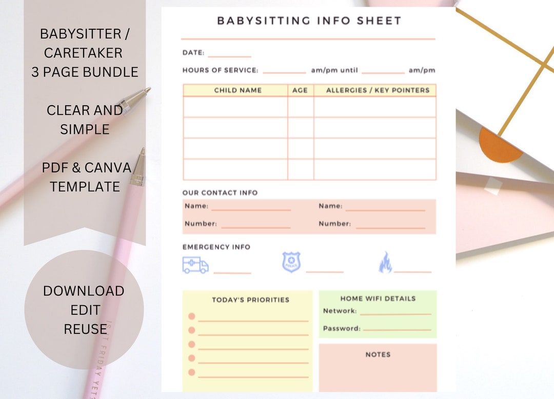Babysitter Planner Printable, Editable Babysitter Planner, Childcare ...