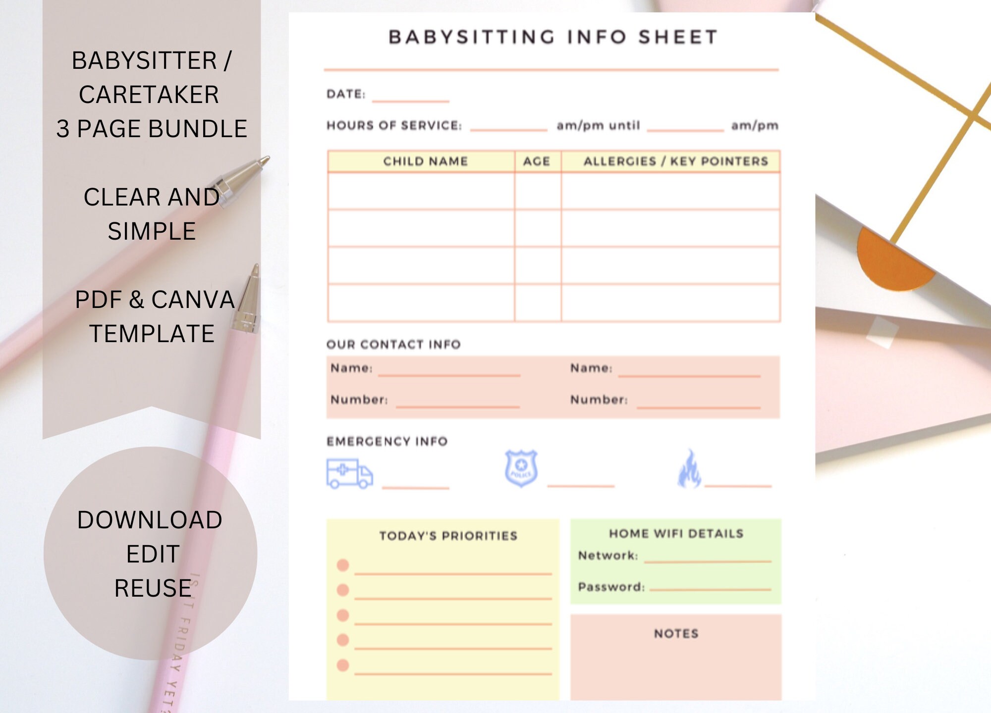 Babysitter Planner Printable, Editable Babysitter Planner, Childcare ...