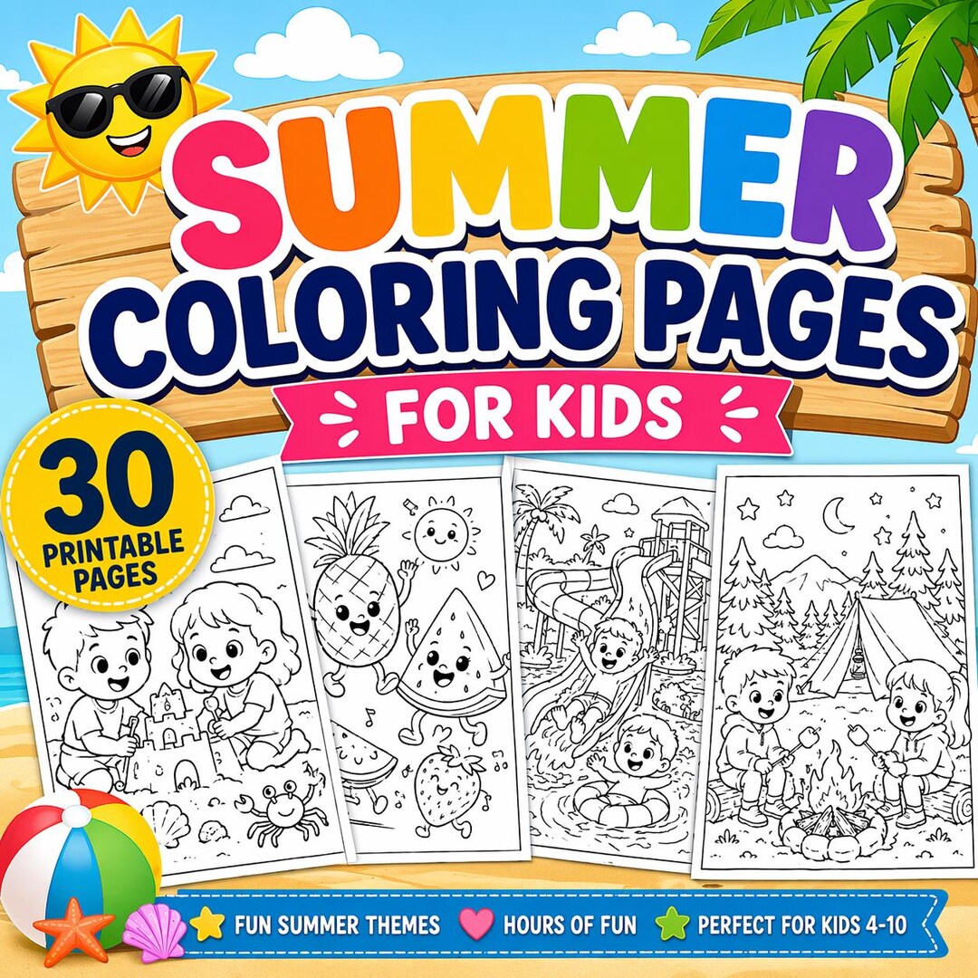 Summer Coloring Pages for Kids Printable Bundle, 30 Summer Activity ...