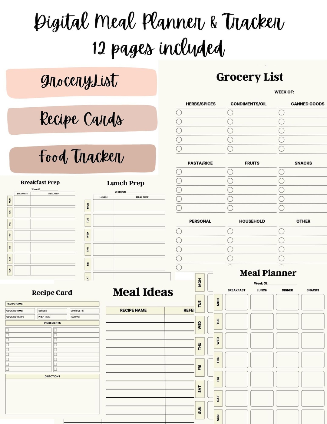 Digital Meal Planner: Recipe Cards, Grocery Lists, Food Diary (12 Page ...