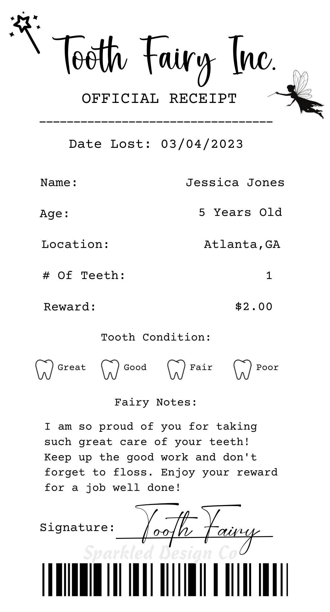 Editable Tooth Fairy Receipt | Personalized Lost Tooth Certificate ...