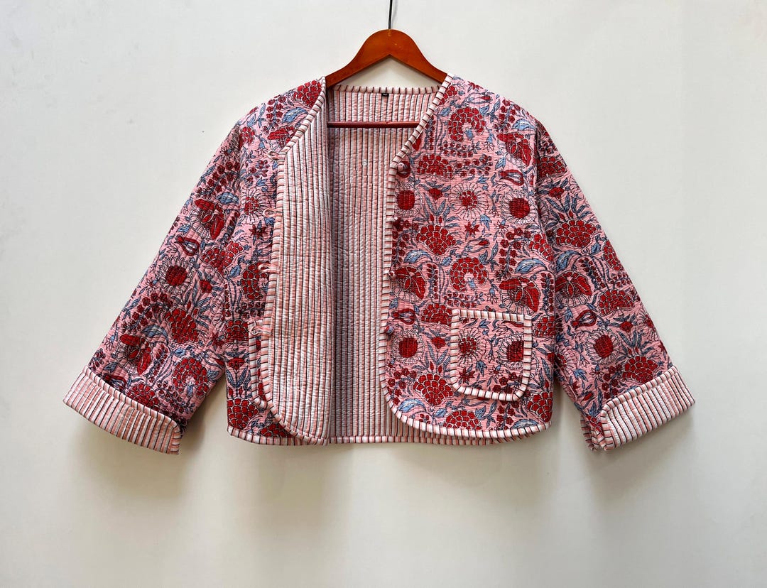 Hand Block Print Quilted Kimono Jacket: Indian Floral Cotton Coat - Etsy