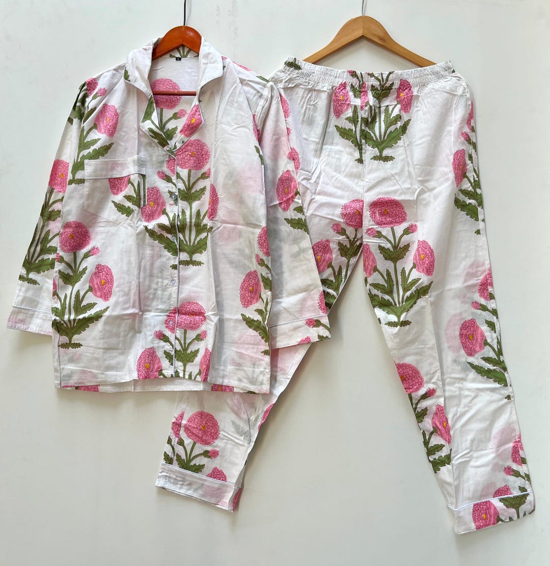 Hand Block Print Cotton Pajamas Set: Floral Indian Pjs - Etsy