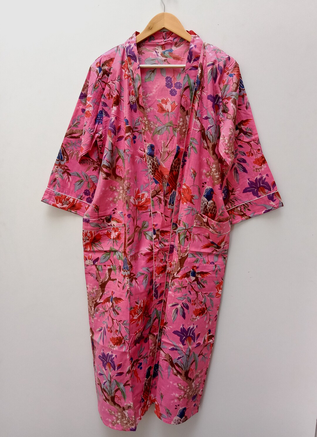 Kimono Robe - Pink Bird Print Cotton Kimono Robe, Bridesmaid Robes ...