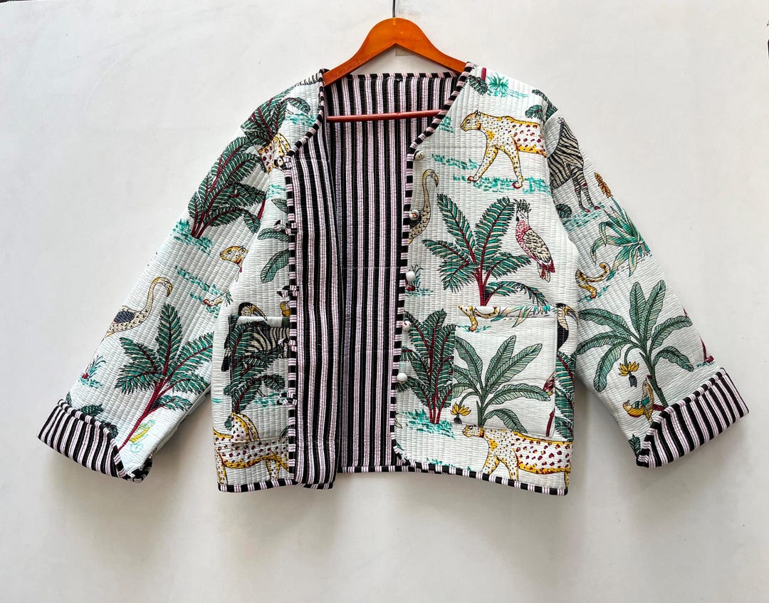 Cotton Quilted Jacket Women Wear Front Open Kimono Stripe Piping ...