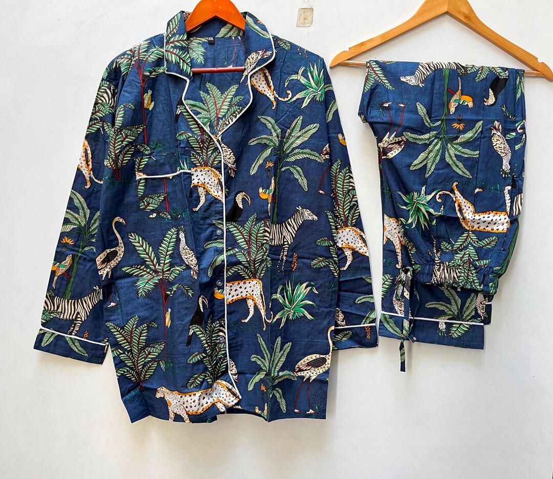 Jungle Print Cotton PJ Set, Bridesmaid Gift, Cotton Nightwear, Adult ...