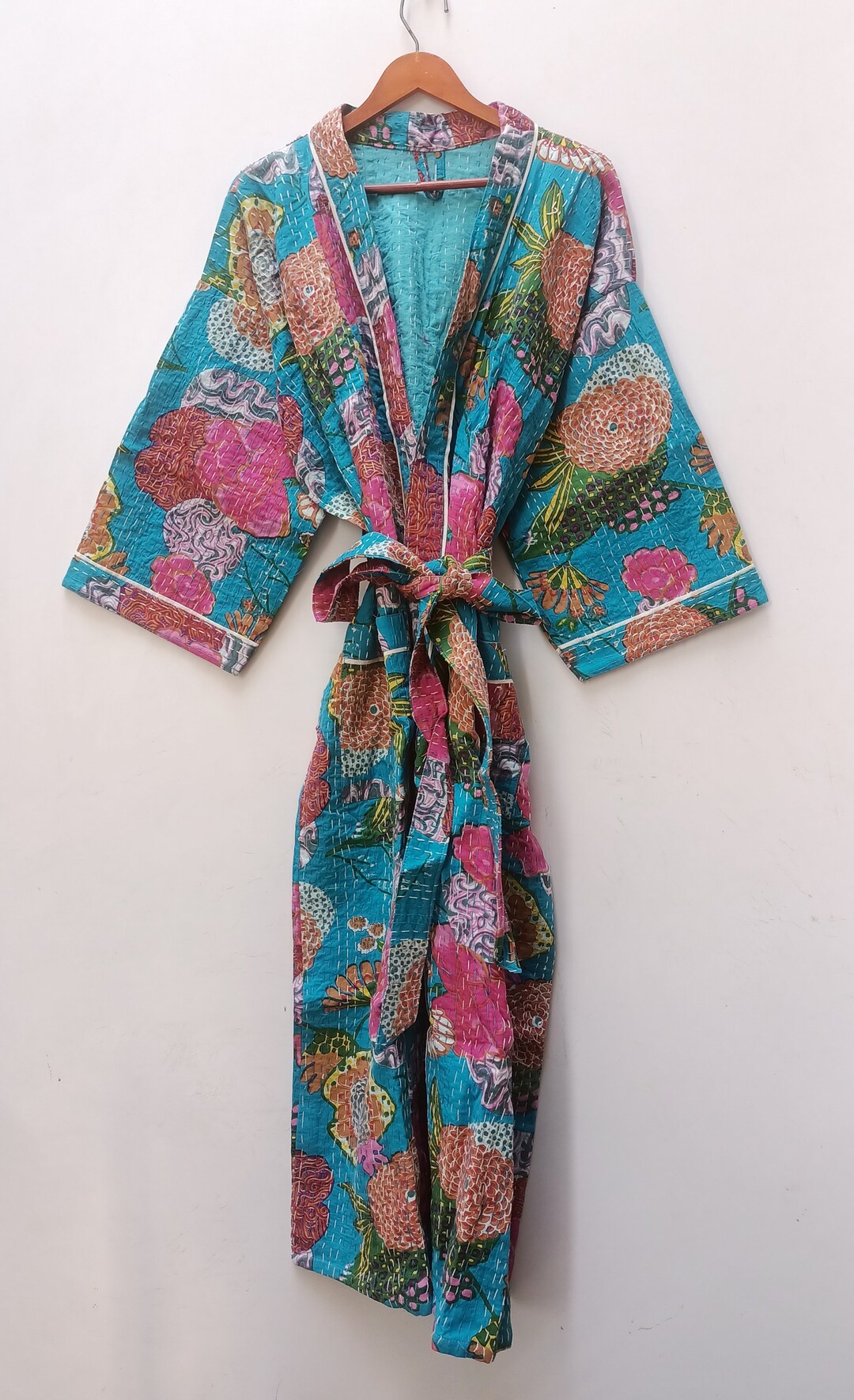 Handmade Cotton Kantha Robe: Floral Quilted Kimono Jacket - Etsy