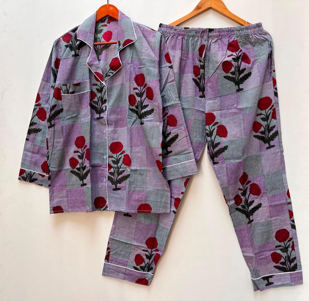 Hand Block Print Pajamas, Floral Pure Cotton Pj's, Pajamas Set ,indian ...
