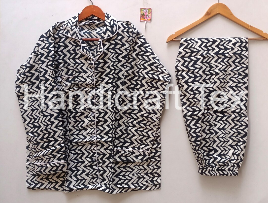 Indigo Zig Zag Hand Block Print Pajamas Floral Pure Cotton Pj's Set ...