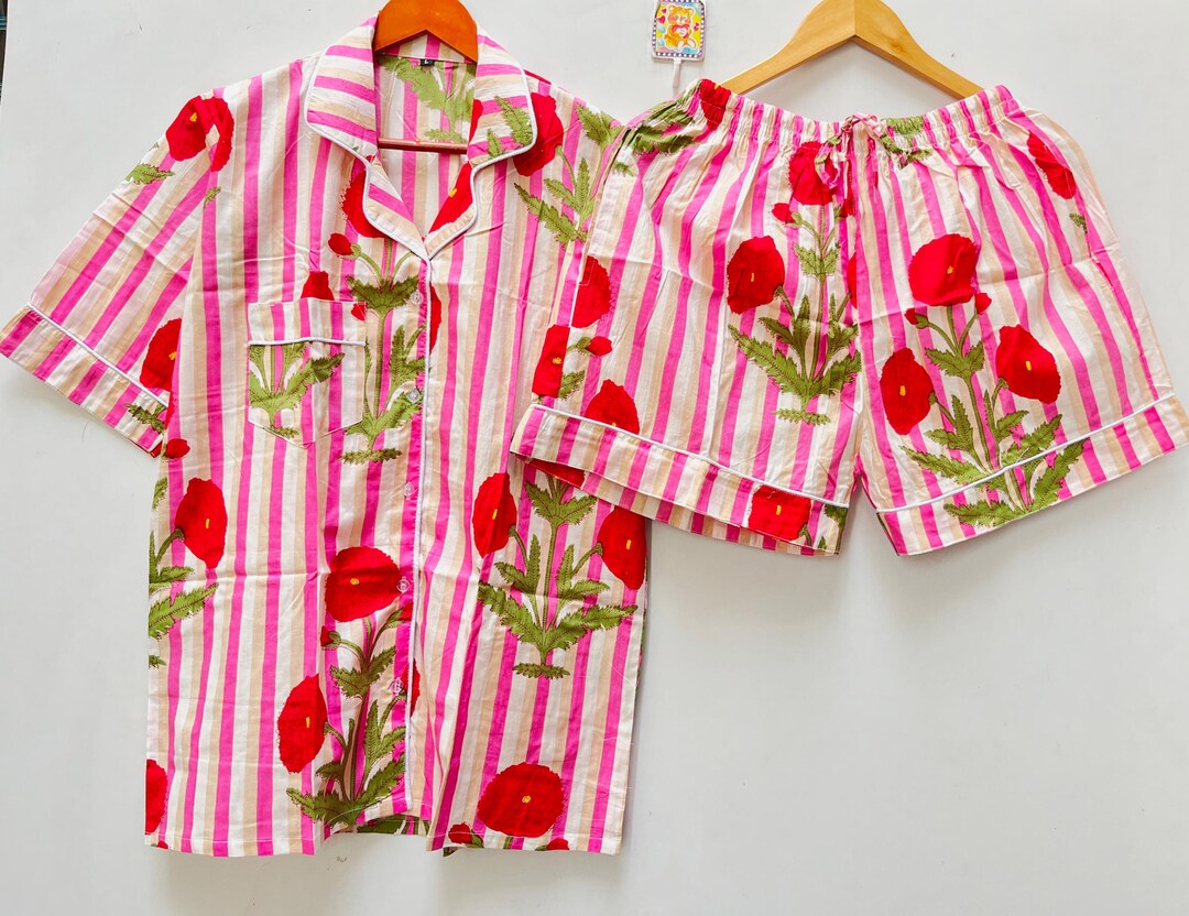 Botanical Print Cotton Pajama Set: Short Sleeve Two-piece Pjs - Etsy