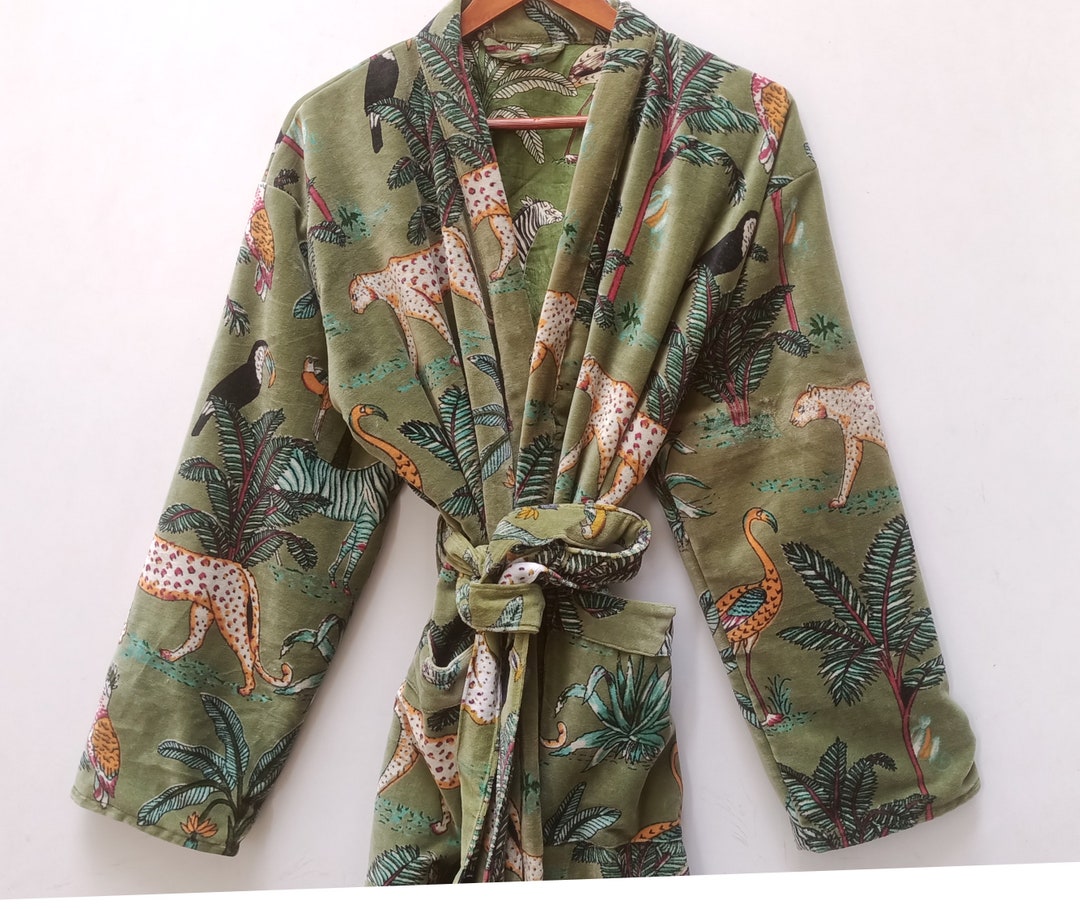 Green Jungle Print Velvet Kimono Robes Morning Tea Velvet Coat ...