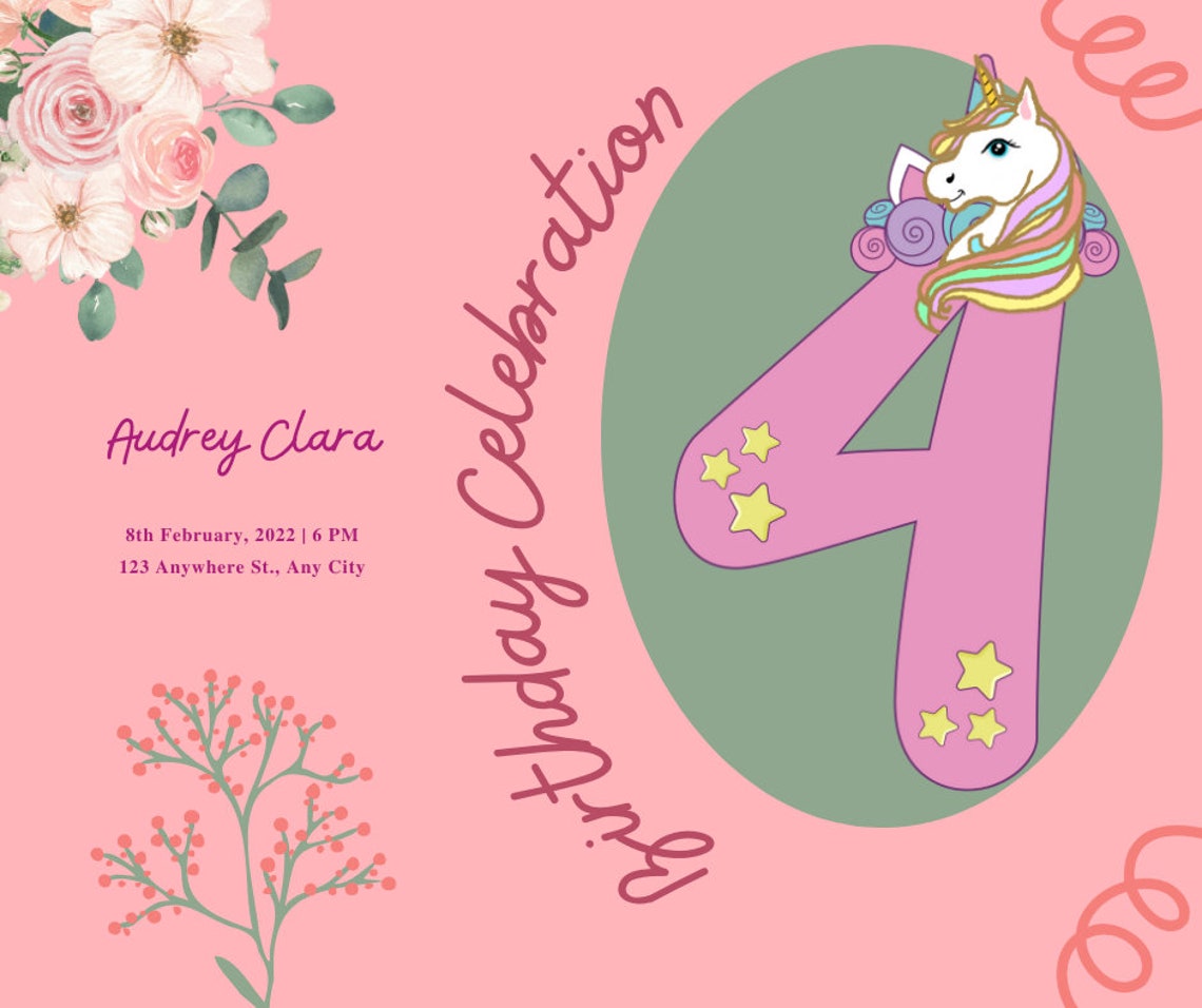 Unicorn Number 4 Design – Birthday Party SVG, PNG, JPG Files - Etsy
