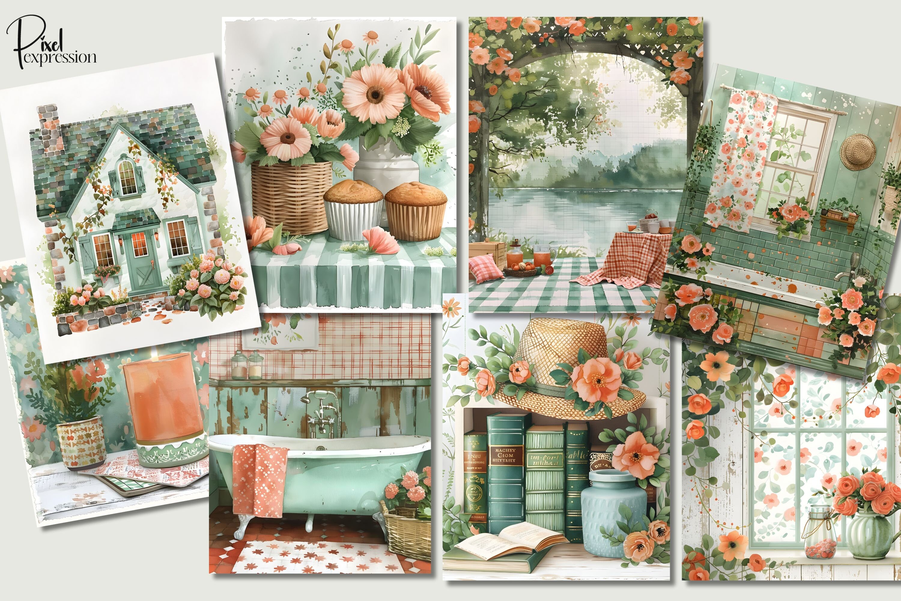 Cozy Cottagecore Life Coral Green 100 Sheet Summer Scrapbook Paper Kit ...