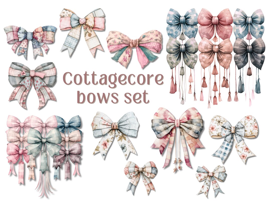 30 Cottagecore Bows Set, Whymsical Bows PNG, Watercolor Boho Bows ...