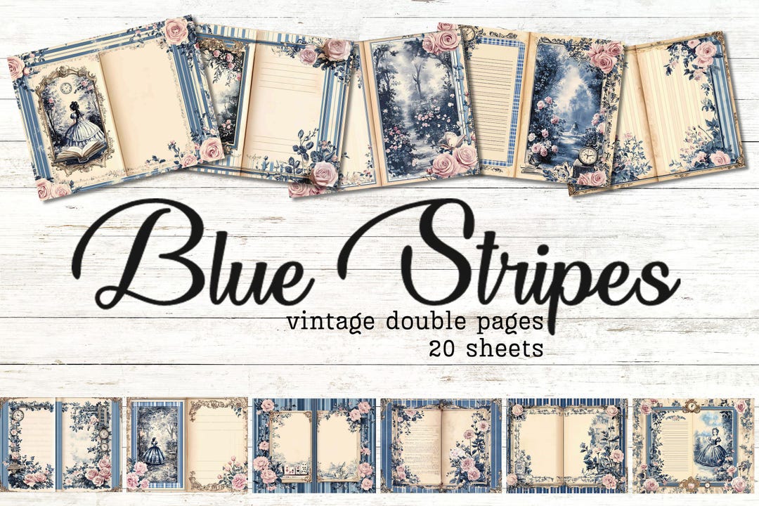 Vintage Blue Stripes Double Pages PDF Sheets, Retro Stripes Journal ...