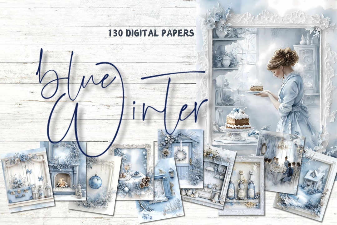 130 Nostalgic Blue Winter Christmas PDF Sheets, Printable Junk Journal ...
