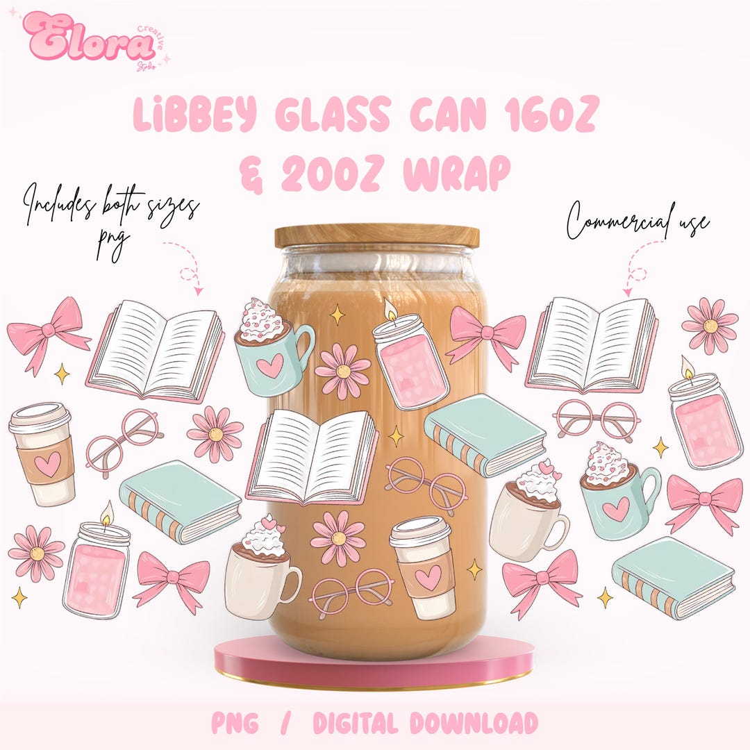 Reading Essentials Libbey 16oz & 20oz Glass Can, Coquette Books Coffee ...