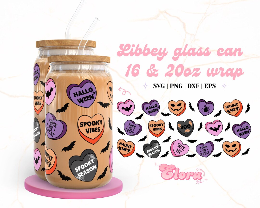 Halloween Spooky 3d Candy Hearts Ghost Glass Can 16oz | 20oz Wrap SVG ...