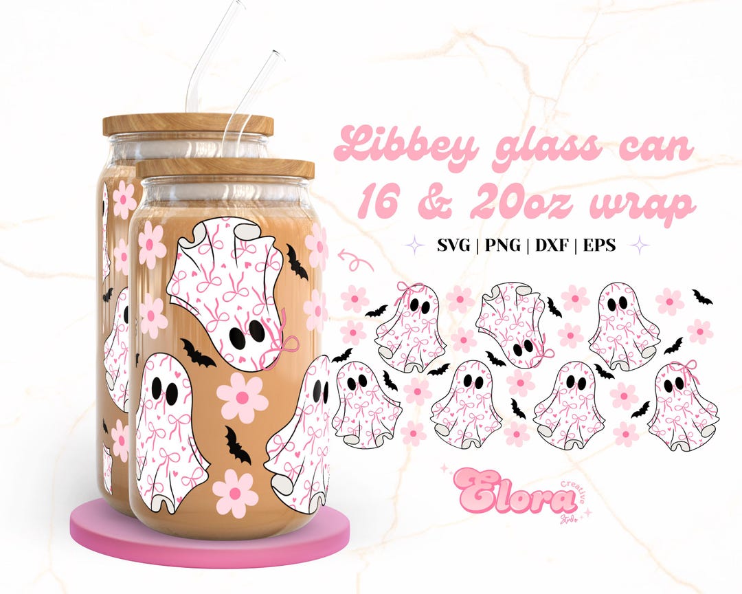 Pink Floral Girly Coquette Halloween Ghost Glass Can 16oz | 20oz Wrap ...