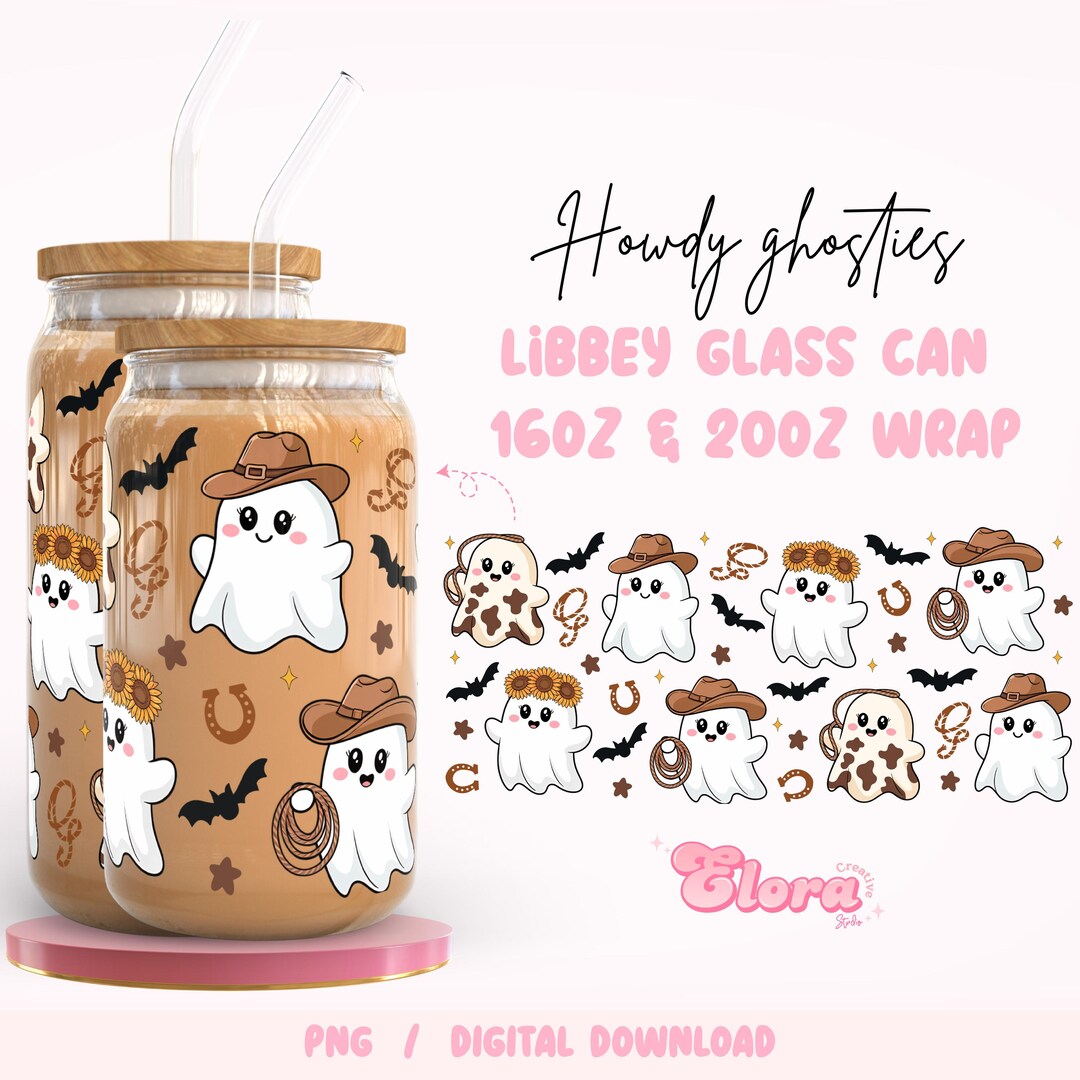 Kawaii Cowboy Ghost Libbey Glass Can Wrap PNG, Spooky Western Halloween ...