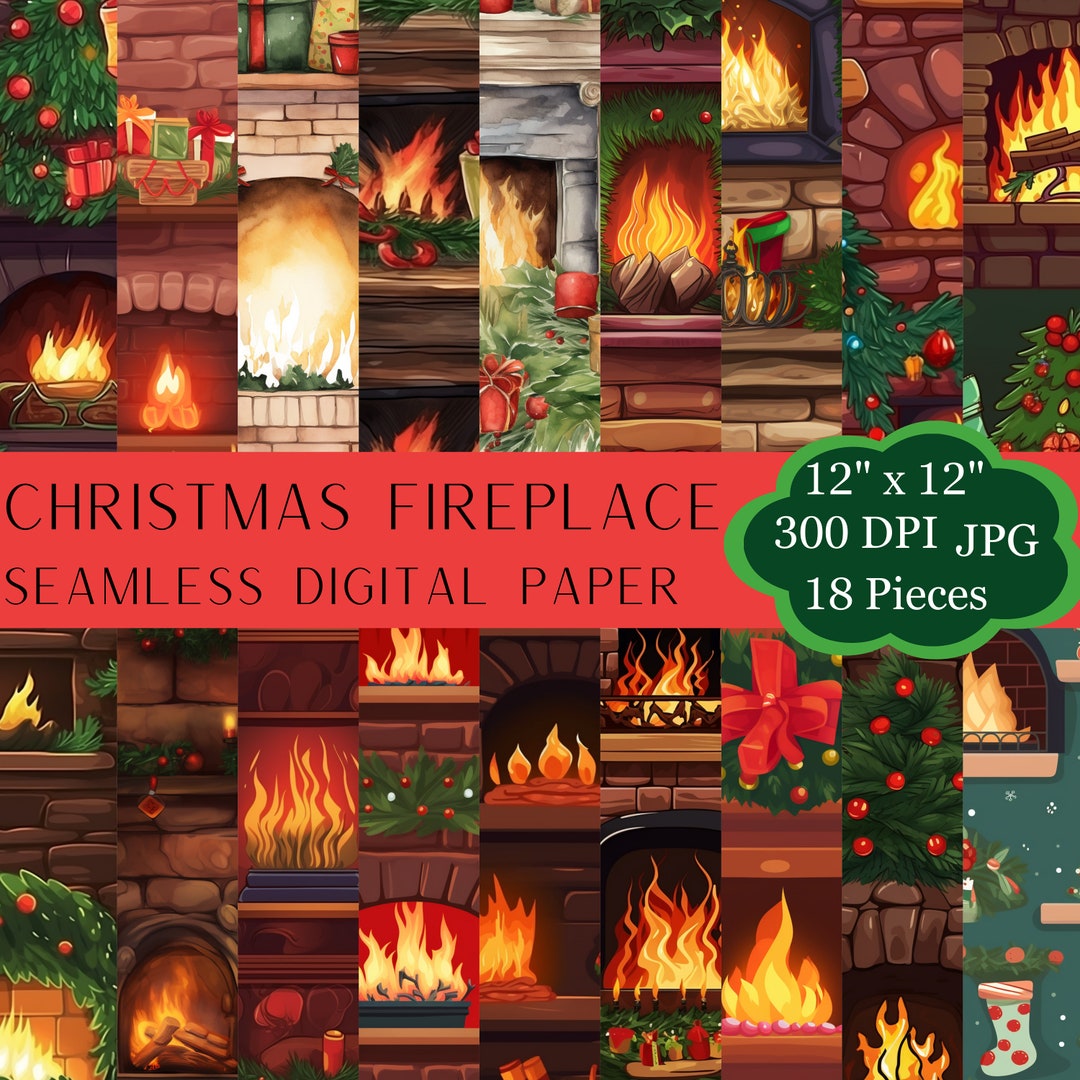 Christmas Fireplace Digital Paper Printable Seamless Pattern Decorated ...
