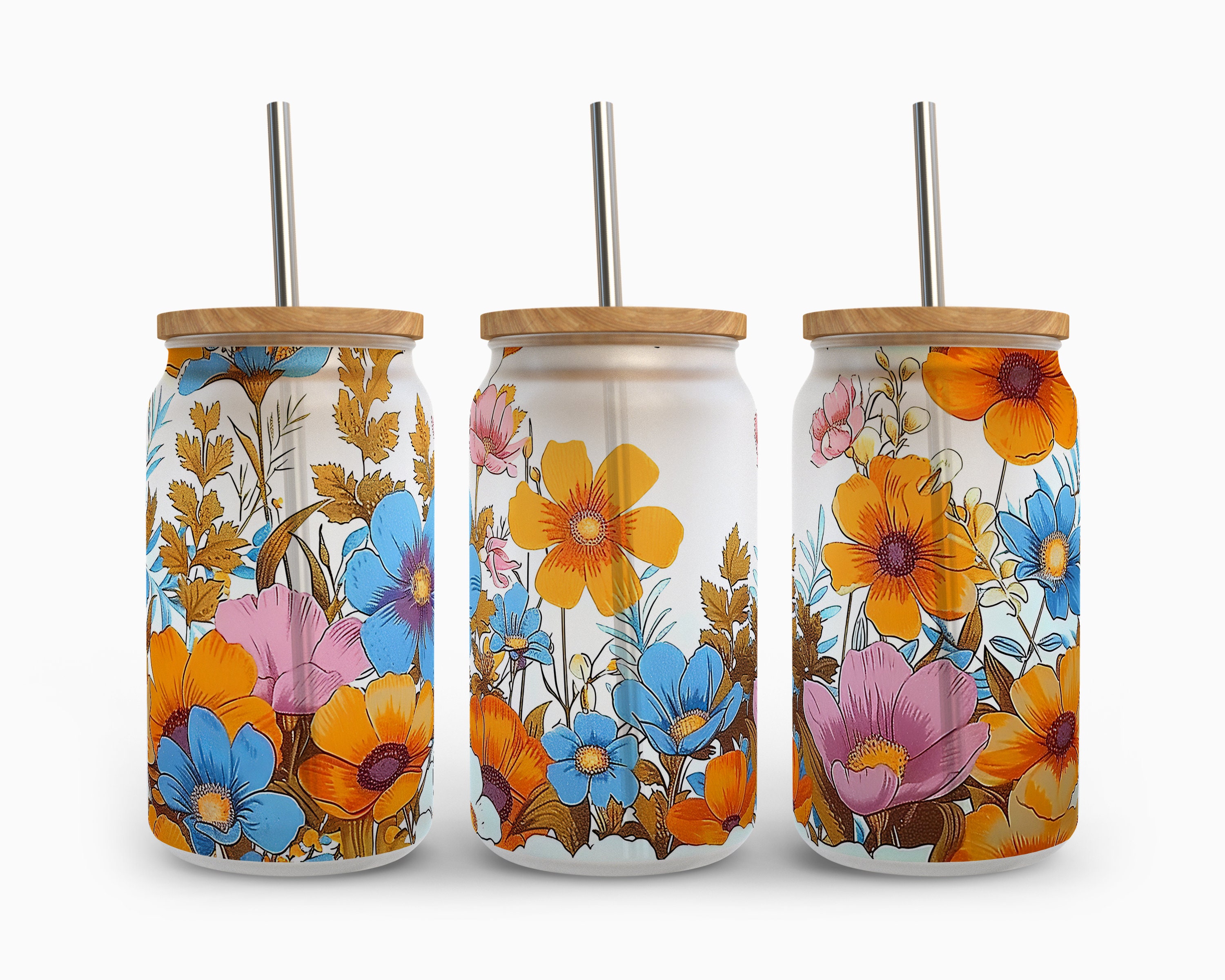 Spring Chic Floral Libbey Glass Wrap Png, Boho Retro Flower 16oz Libby ...