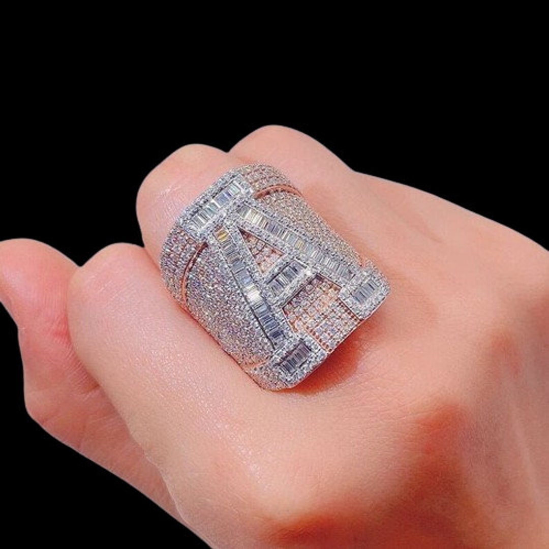Baguette Cut Diamond Letter Ring, Custom Letter Ring, Hip Hop Men's ...