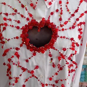 Missing Heart Cut Shirt, Bead Embroidered Heart Low-cut White Crop ...