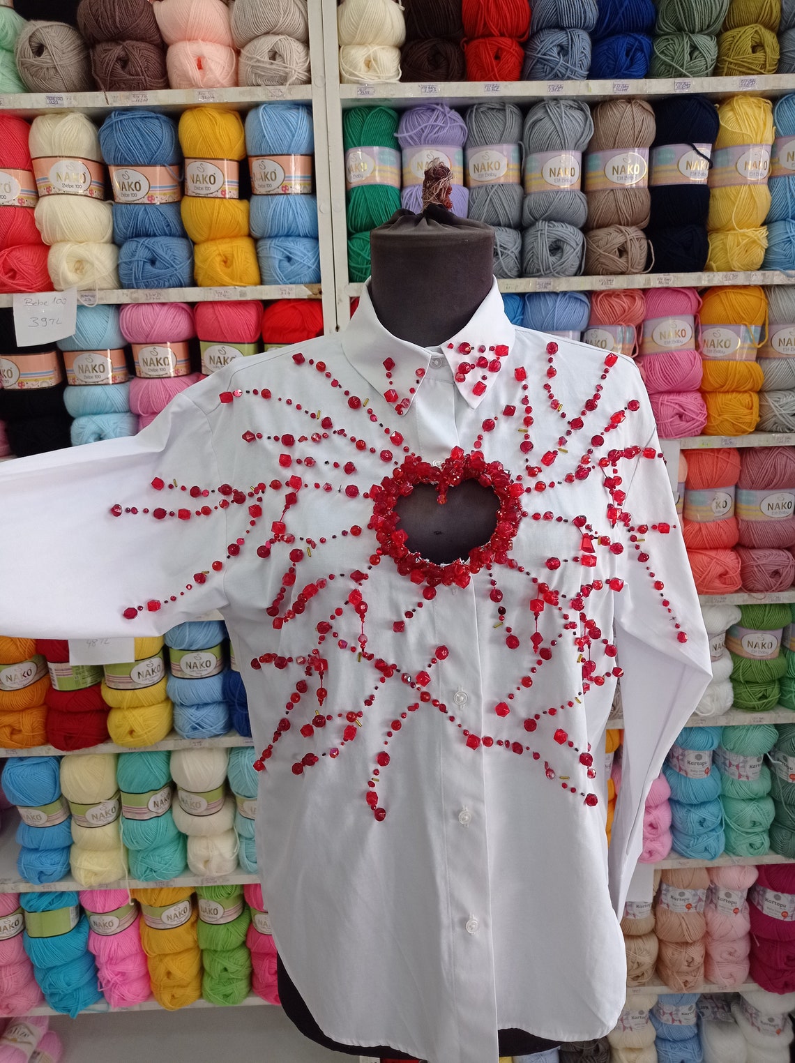Missing Heart Cut Shirt, Bead Embroidered Heart Low-cut White Crop ...