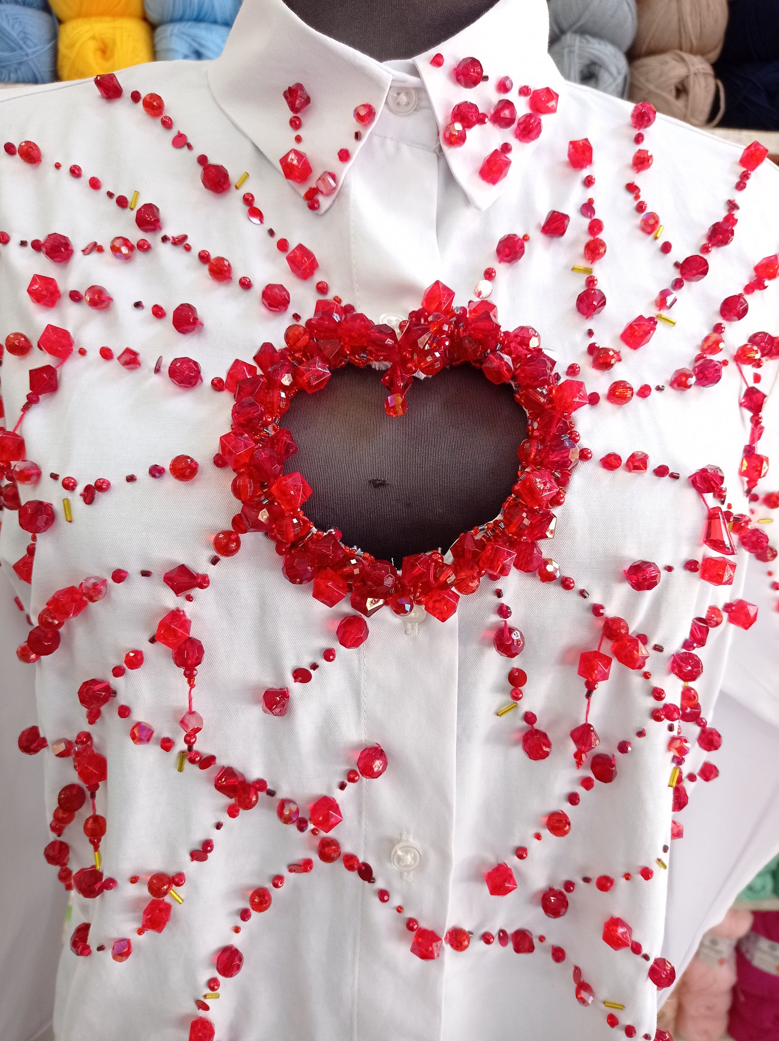 Missing Heart Cut Shirt, Bead Embroidered Heart Low-cut White Crop ...