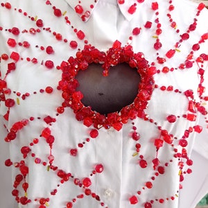 Missing Heart Cut Shirt, Bead Embroidered Heart Low-cut White Crop ...
