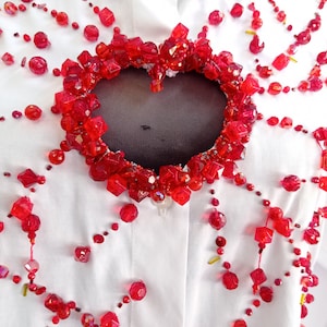 Missing Heart Cut Shirt, Bead Embroidered Heart Low-cut White Crop ...