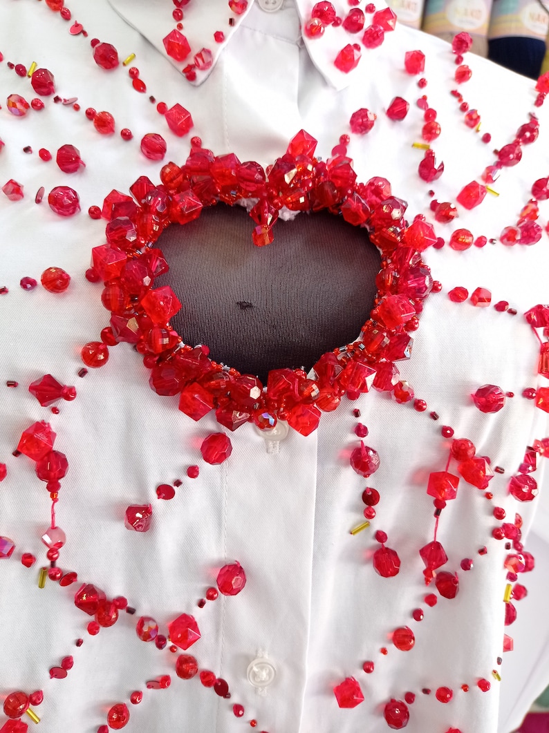 Missing Heart Cut Shirt, Bead Embroidered Heart Low-cut White Crop ...