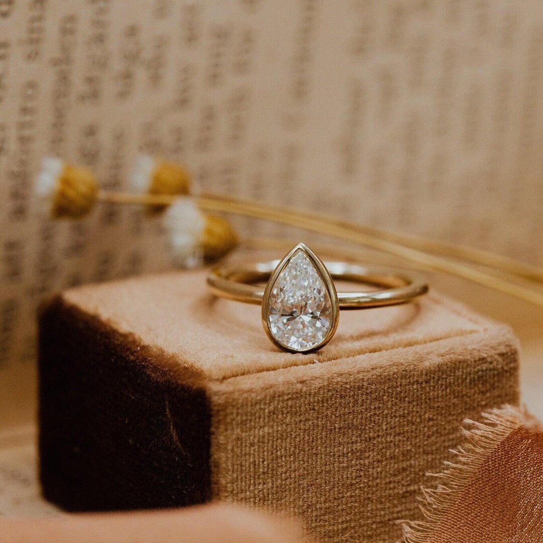 3 CT Bezel Set Pear Cut Moissanite Engagement Ring 14K Gold Wedding ...