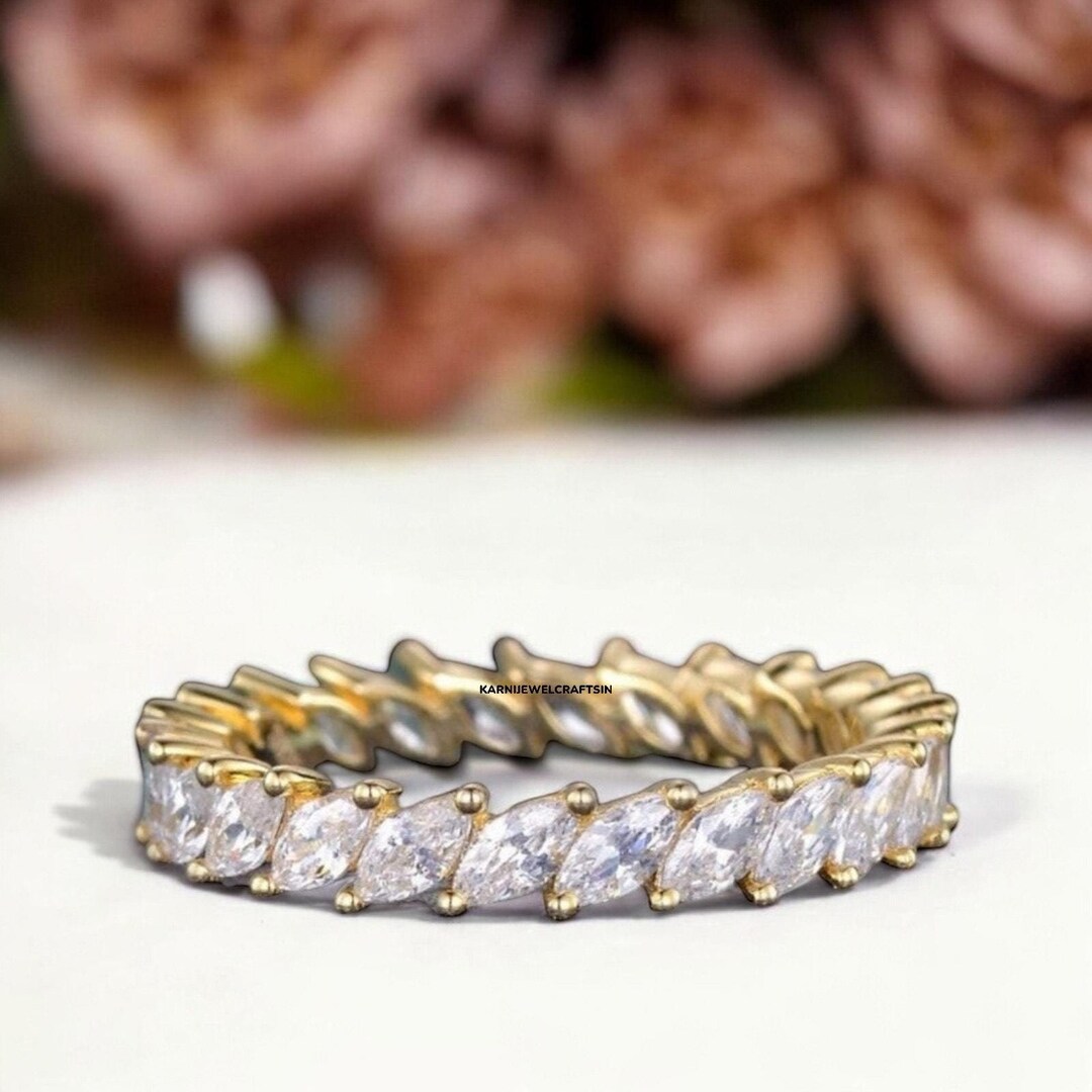 Vintage Moissanite Marquise Cut Wedding Band, 10K Yellow Gold Wedding ...