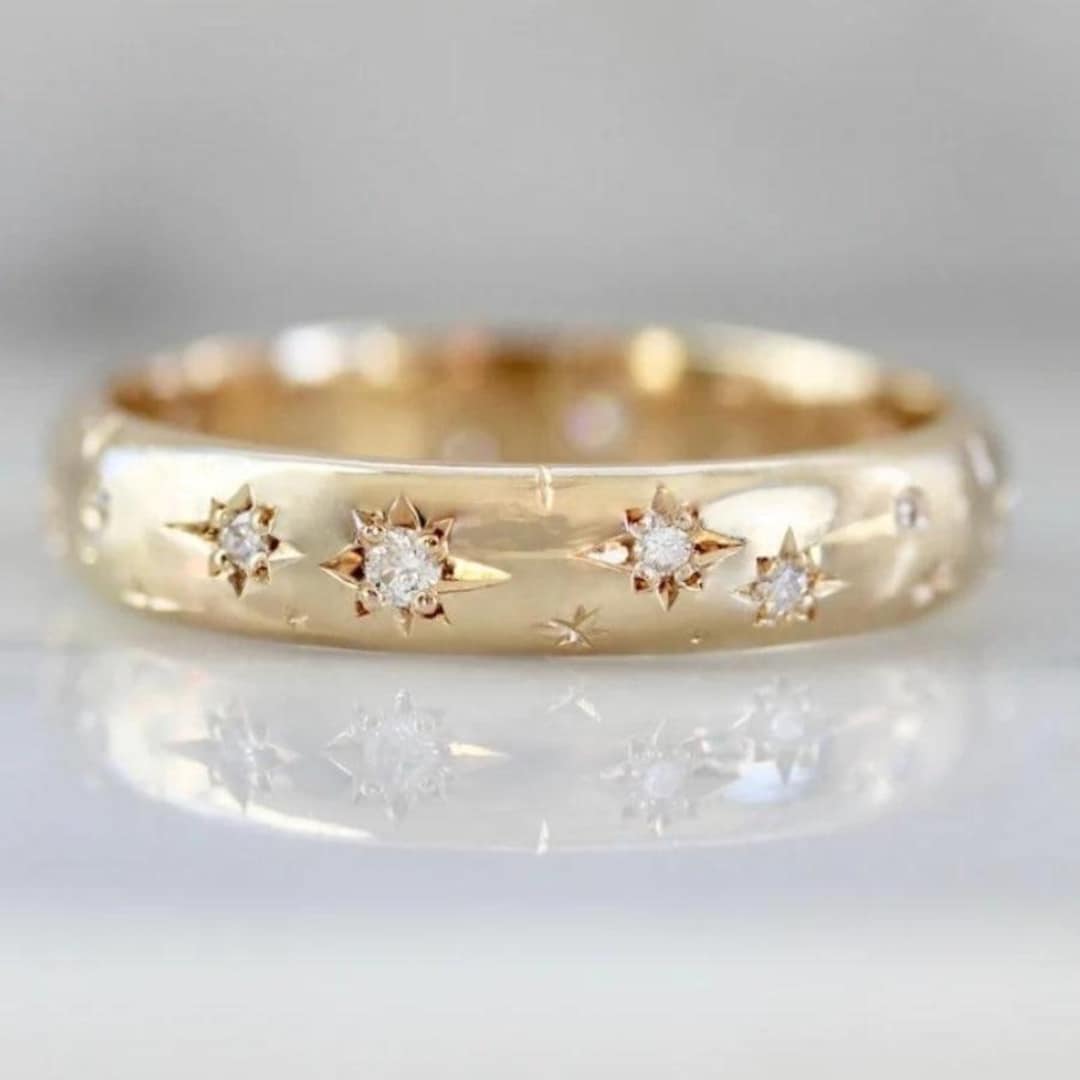 10K Gold Starburst Diamond Ring, Star Setting Celestial Ring, Gold Ring ...