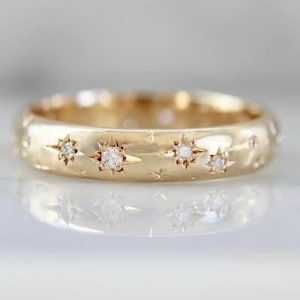 10K Gold Starburst Diamond Ring, Star Setting Celestial Ring, Gold Ring ...