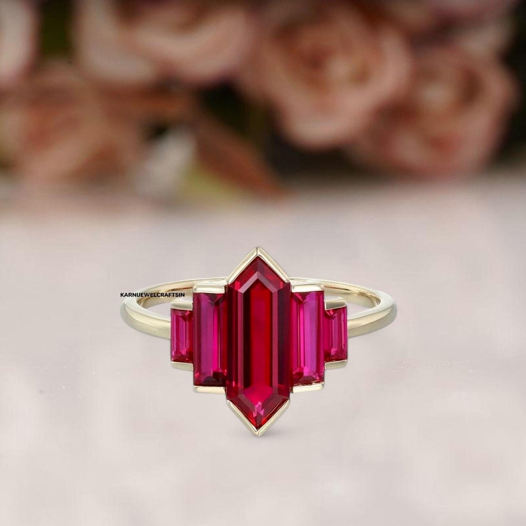 Unique Long Hexagon Ruby Ring, Yellow Gold Ring Baguette Cut Ruby Ring Vintage Art Deco Bridal ...
