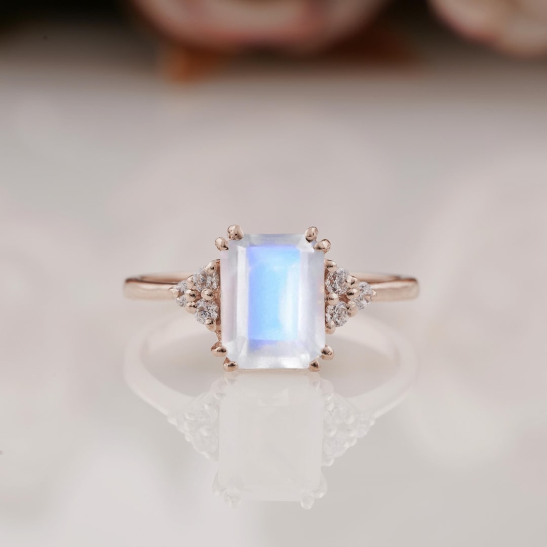 Antique Emerald Cut Moonstone Engagement Ring, Unique 14k Gold Cluster Ring, Handmade Art Deco ...