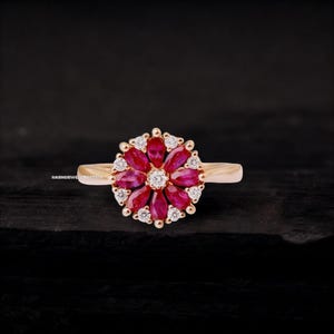 Ruby Cluster Ring Marquise Shape Ruby Flower Ring, Floral Ruby Ring, July Birthstone Ring, Red ...