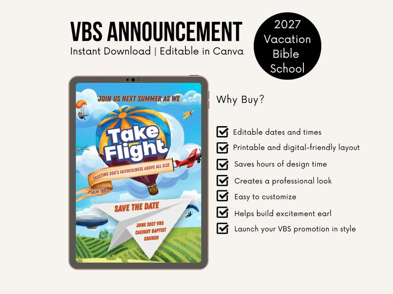 Take Flight VBS 2027 Save the Date Flyer Template | Editable Canva ...