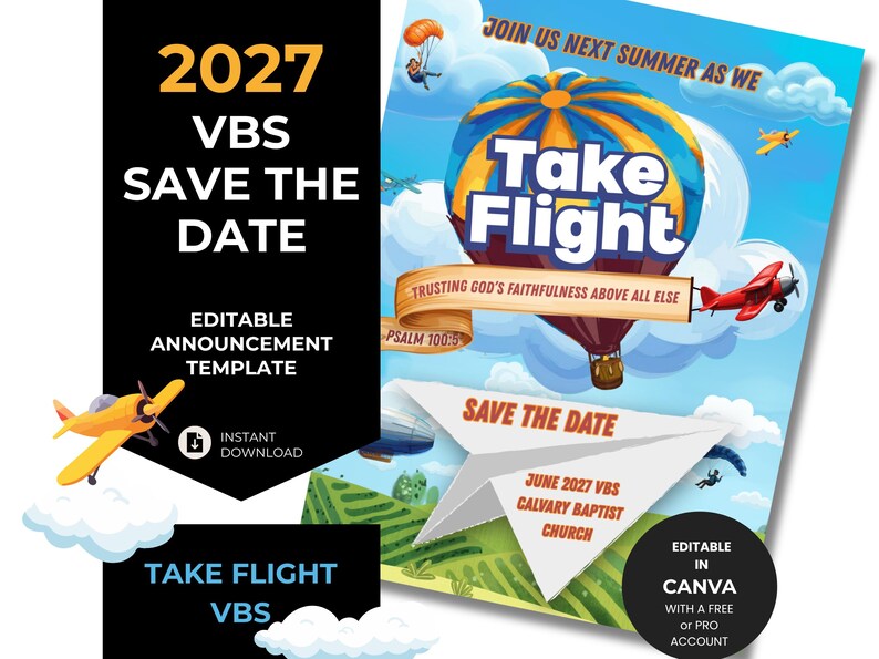 Take Flight VBS 2027 Save the Date Flyer Template | Editable Canva ...