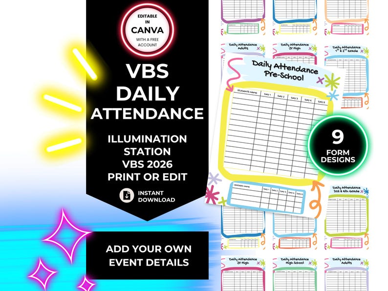 VBS 2026 Attendance Sheets Canva Template | Vacation Bible School Daily ...