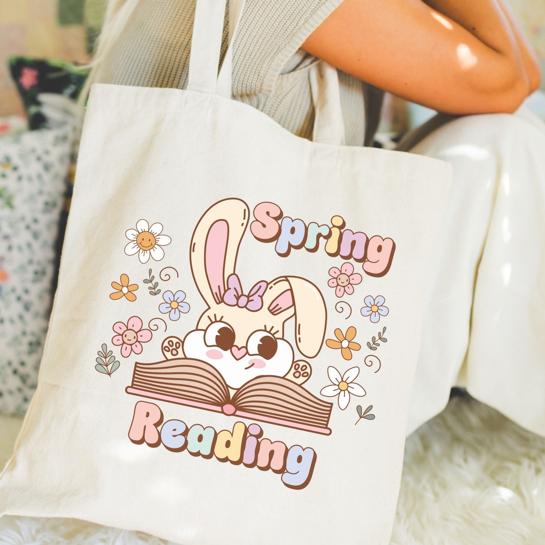 Spring Reading Bunny Bookish Tote Bag, Easter Tote Bag, Books Tote Bag ...
