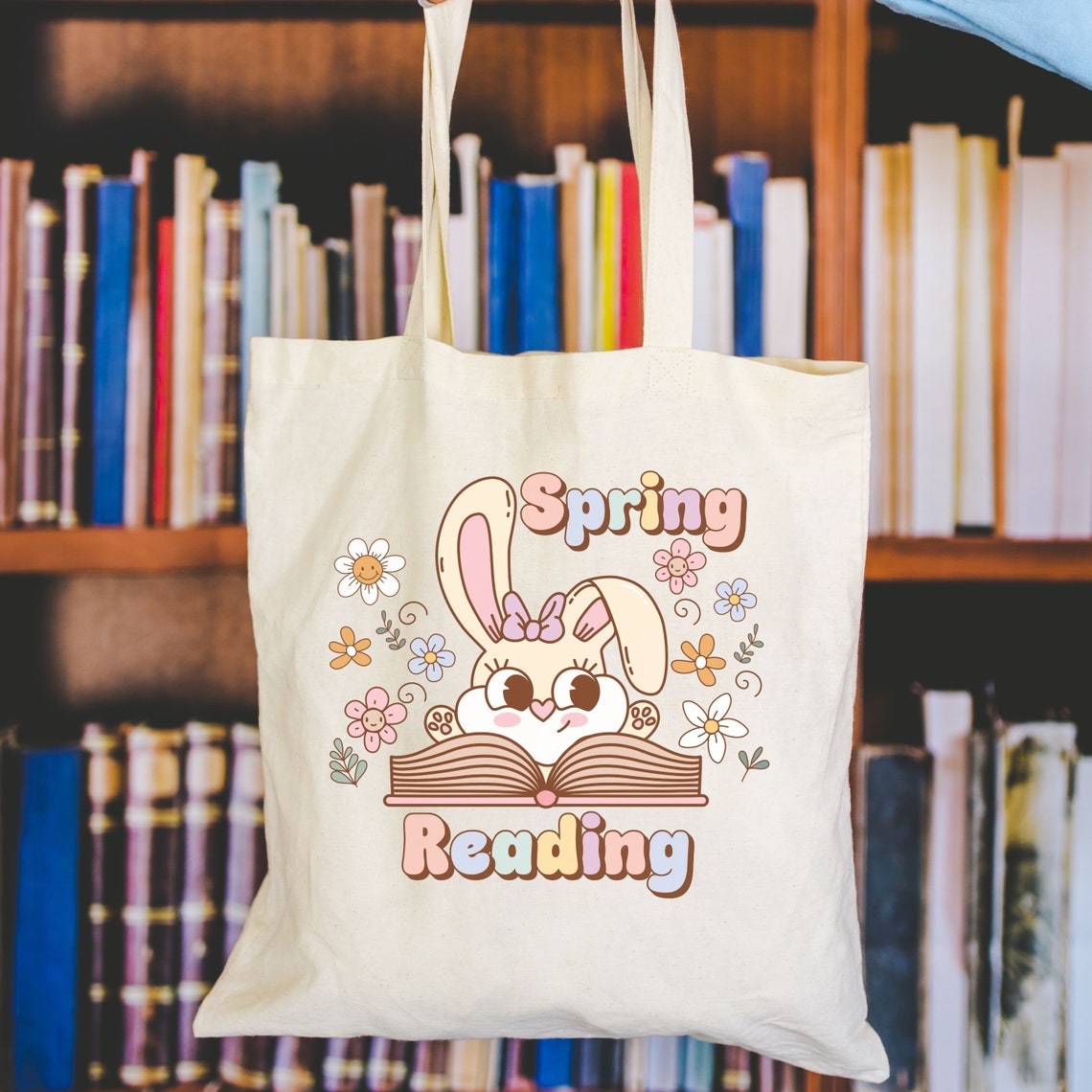 Spring Reading Bunny Bookish Tote Bag, Easter Tote Bag, Books Tote Bag ...