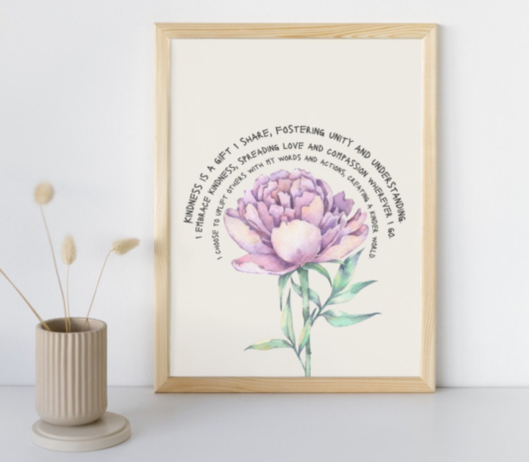 Peony Watercolor Floral Wall Art Kindness Quotes Gift for Girls Bedroom ...