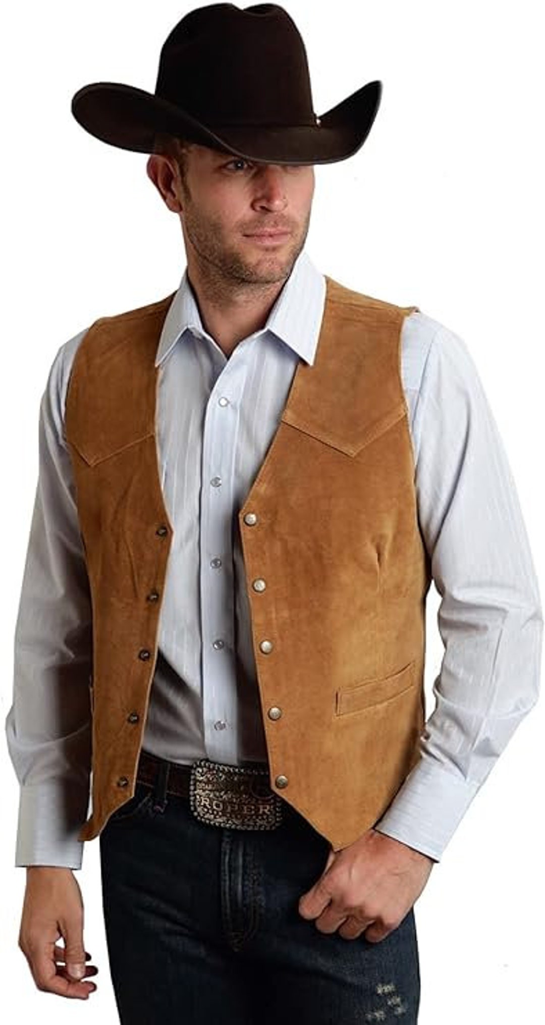 Khaki Men's Leather Vest Vintage Cowboy Style Sleeveless Jacket Slim ...