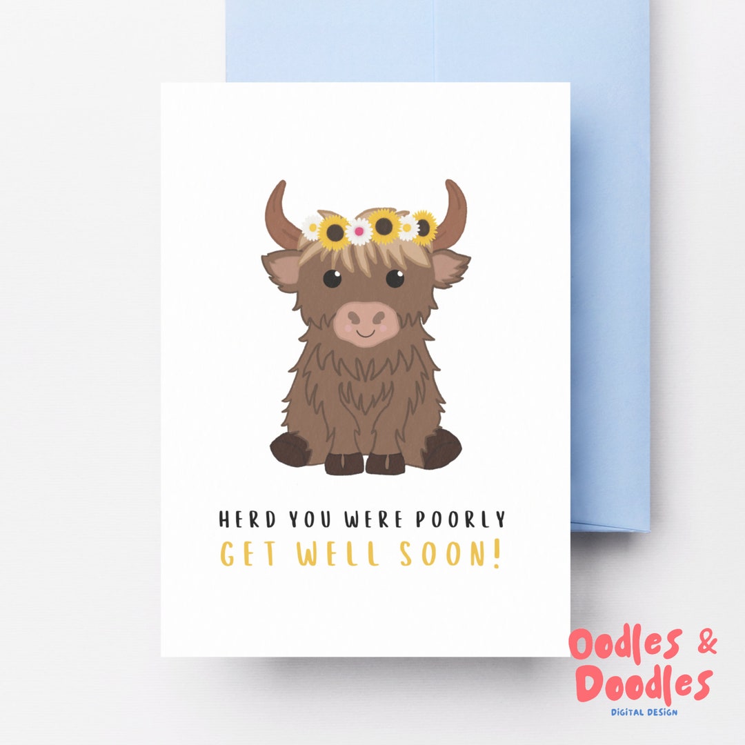 Highland Cow Get Well Soon Card | Cute 5 by 7 Inch Greeting Card With ...