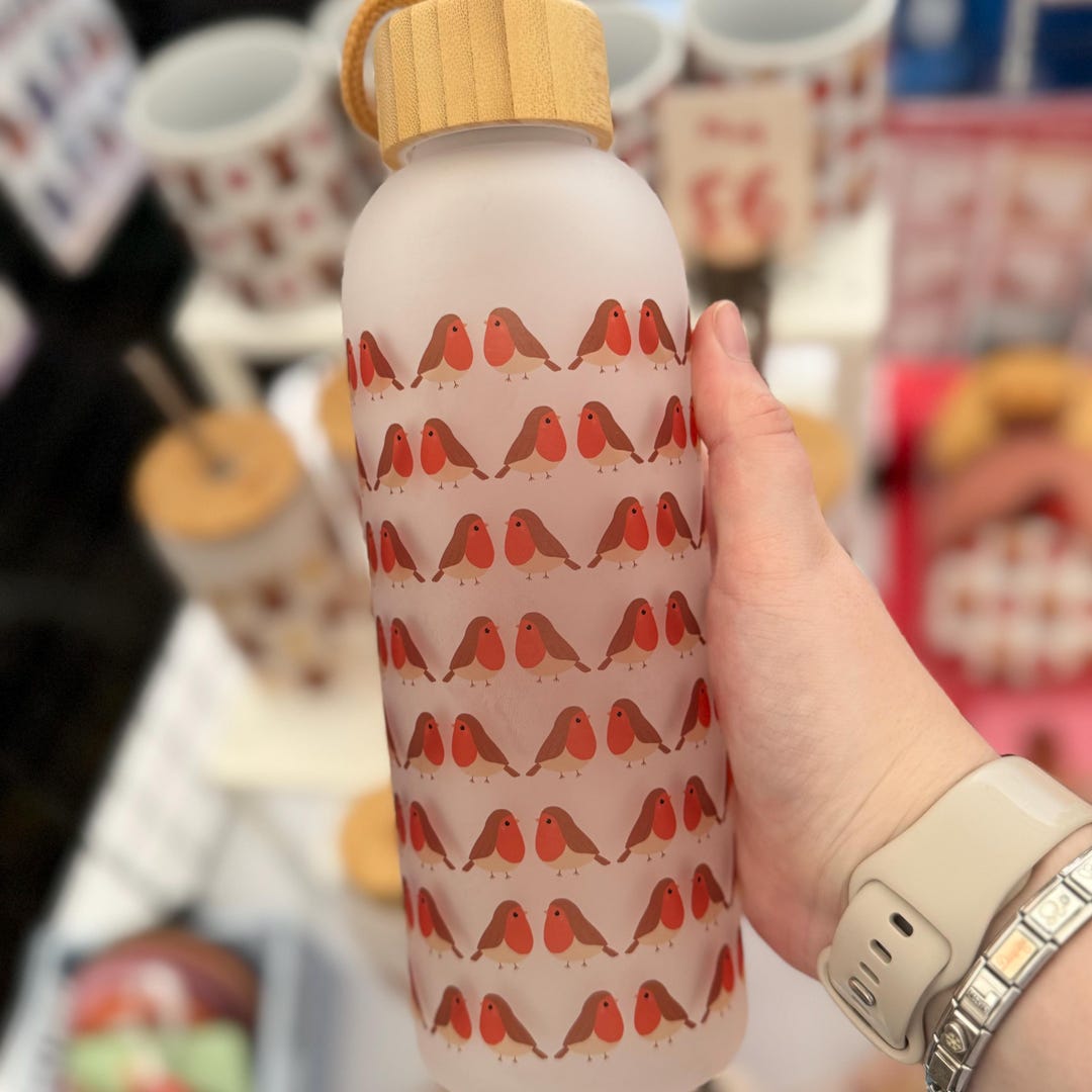 Red Robin Frosted Glass Water Bottle Personalised Glass Water Bottle ...