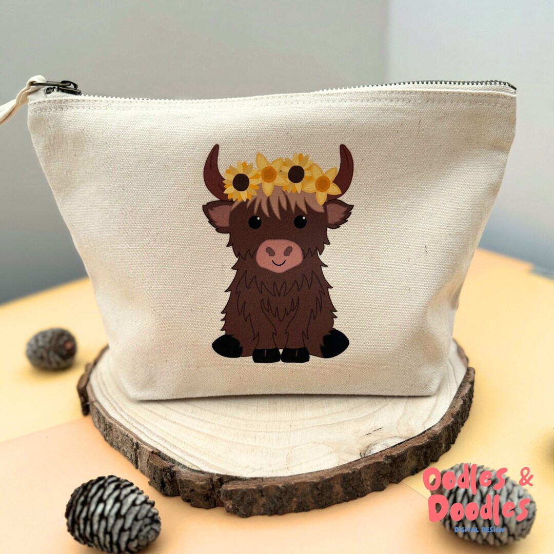 Highland Cow Pouch | Highland Cow With Yellow Flower Crown | Canvas Bag ...